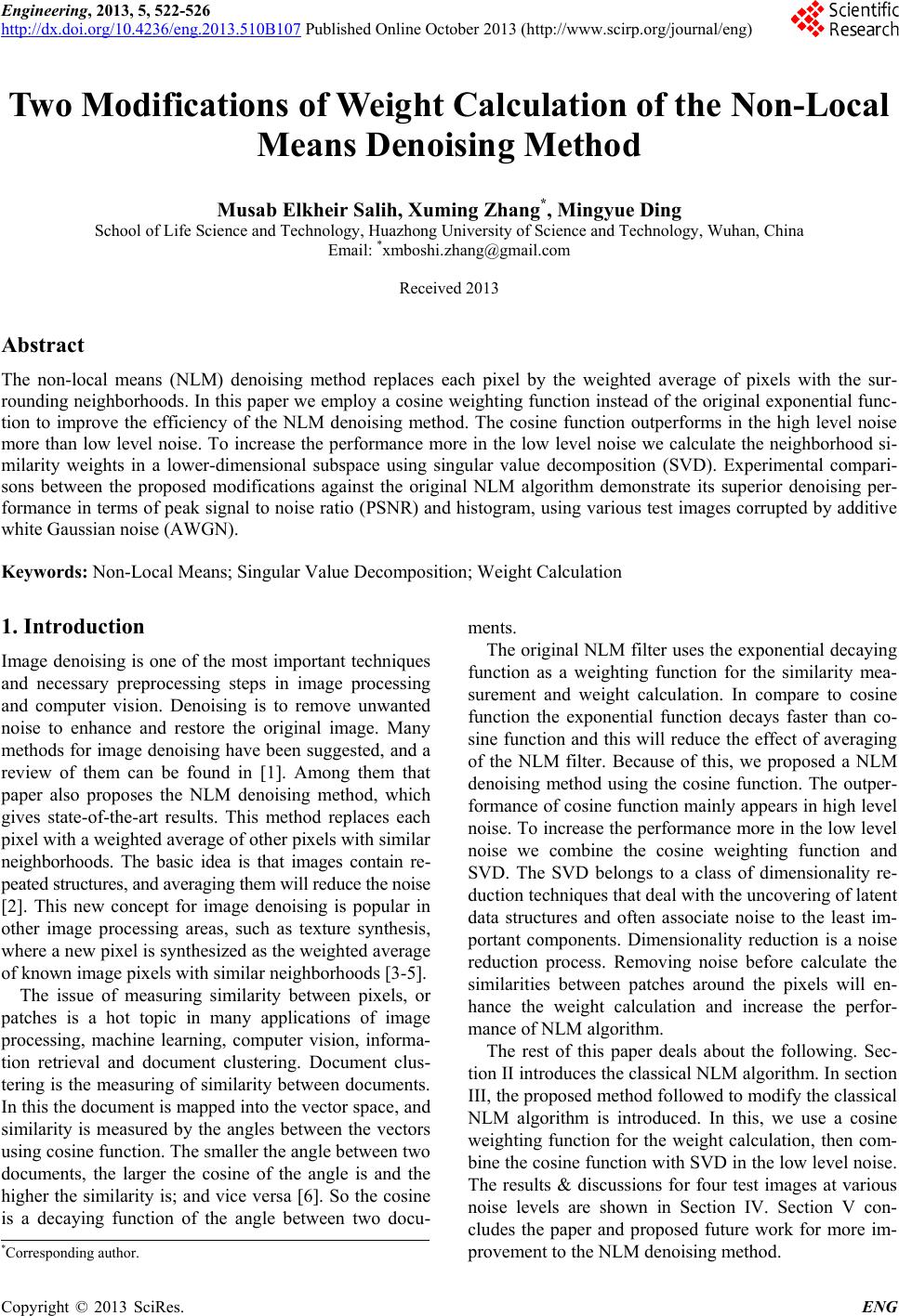 Two Modifications of Weight Calculation of the Non-Local Means Denoising Method