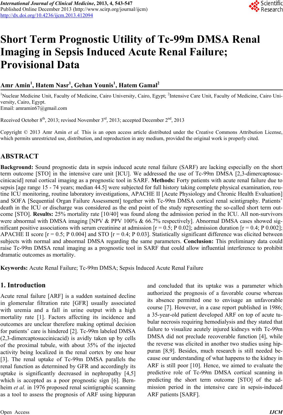 Short Term Prognostic Utility of Tc-99m DMSA Renal Imaging in Sepsis ...