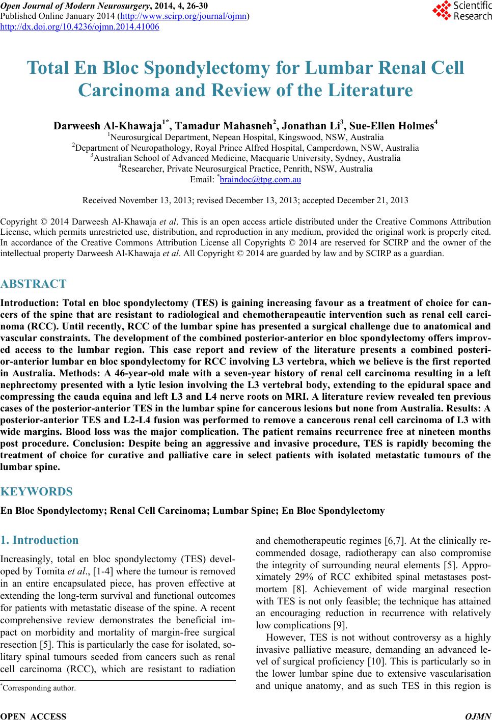 Total En Bloc Spondylectomy for Lumbar Renal Cell Carcinoma and Review of the Literature