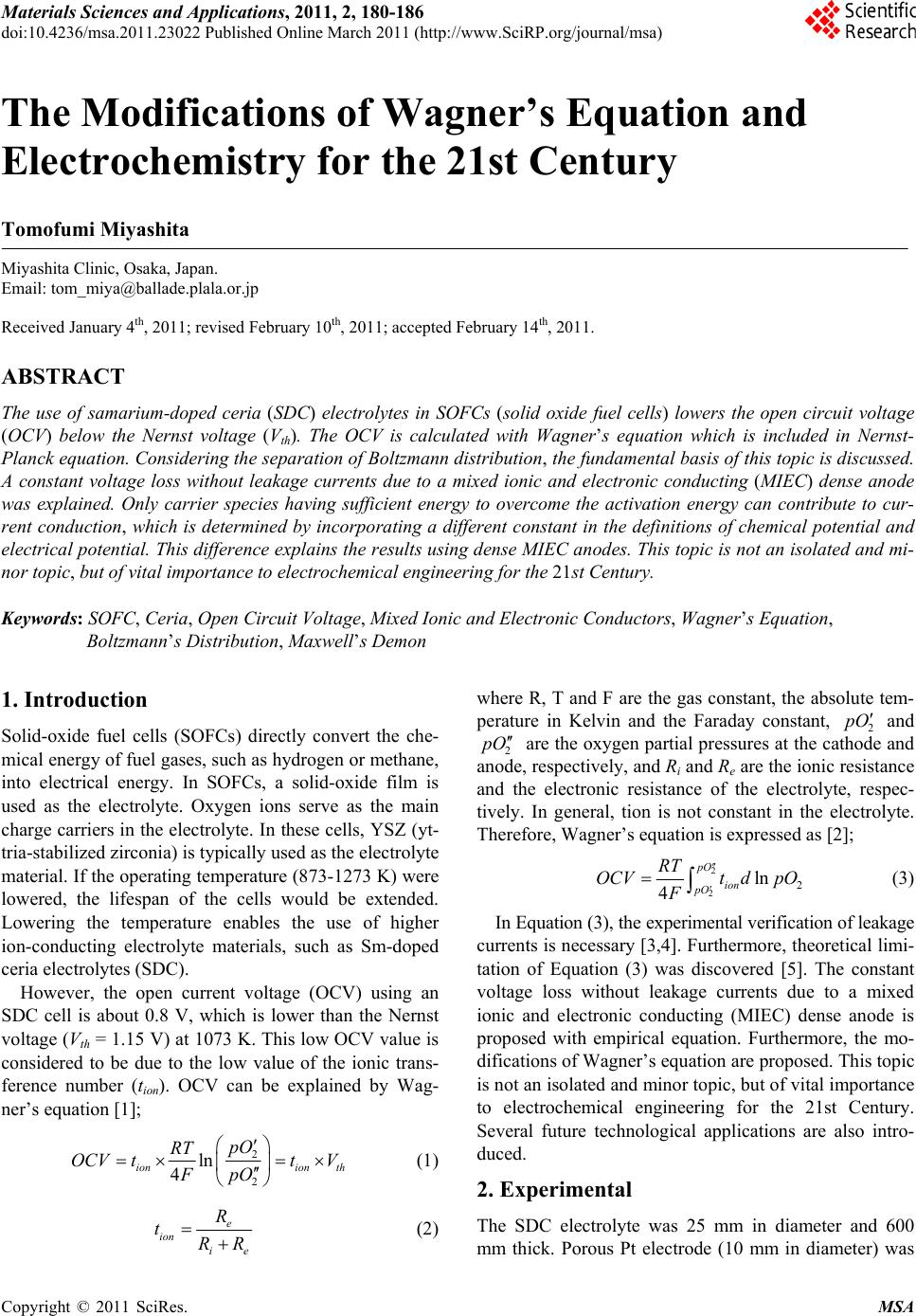The Modifications of Wagner’s Equation and Electrochemistry for the ...