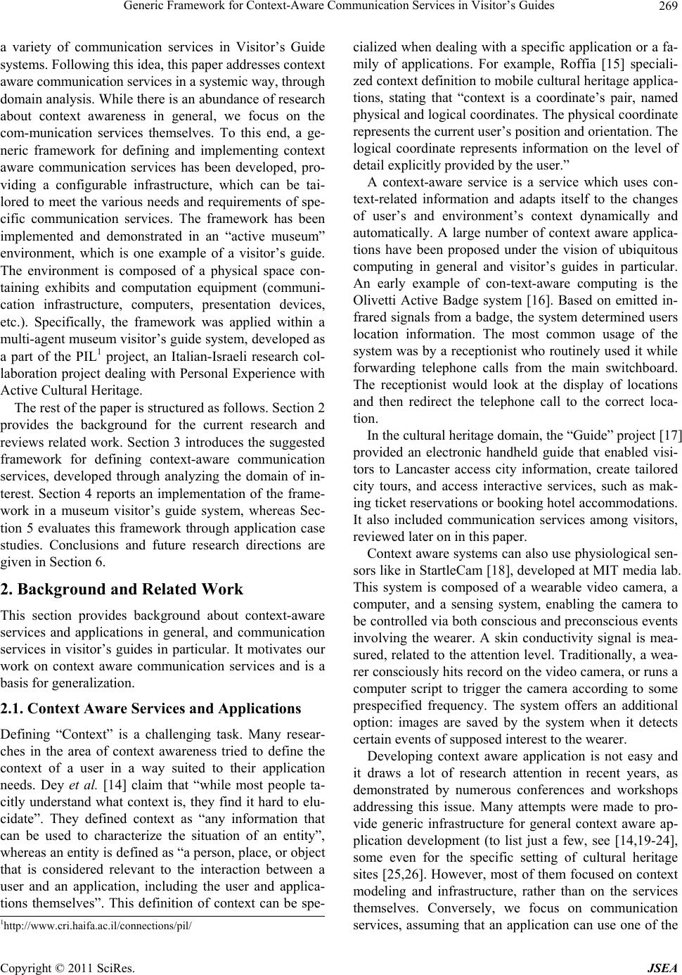 Generic Framework for Context-Aware Communication Services in Visitor’s Guides