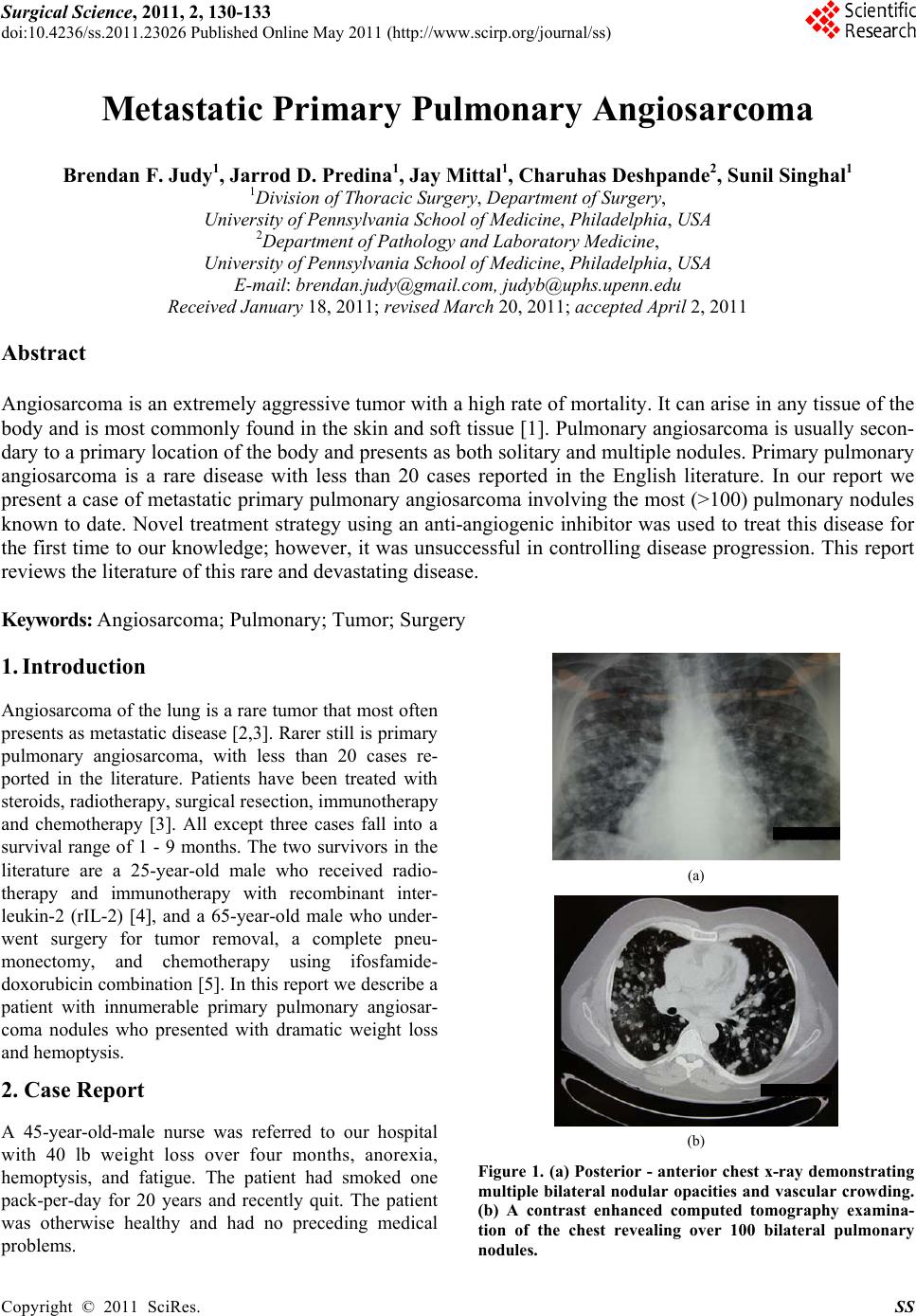 Metastatic Primary Pulmonary Angiosarcoma