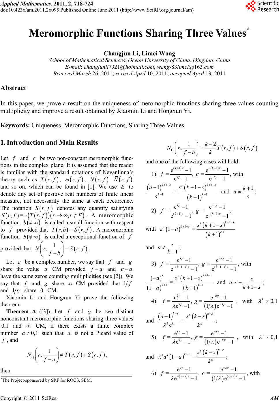 Meromorphic Functions Sharing Three Values