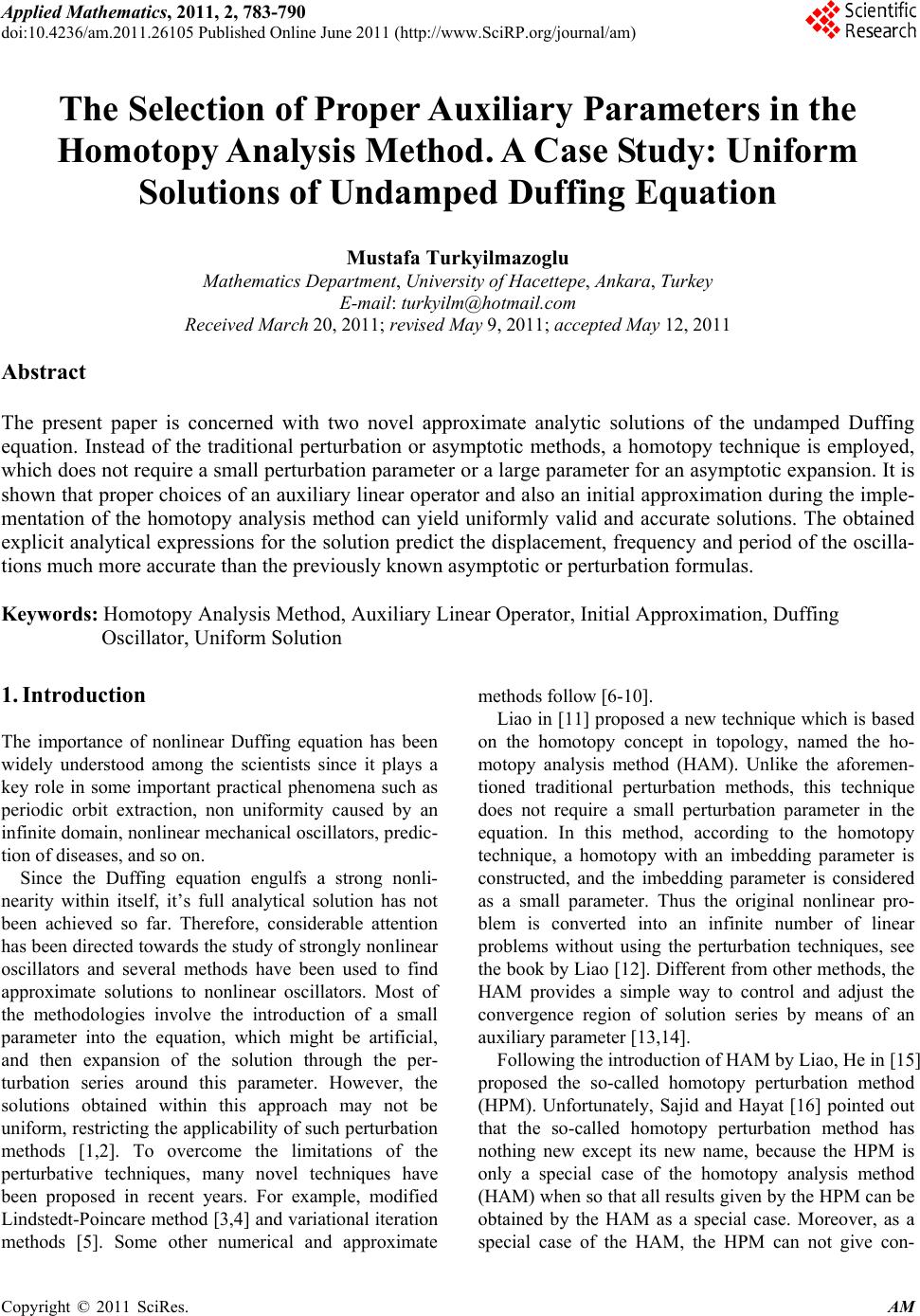 The Selection of Proper Auxiliary Parameters in the Homotopy Analysis Method. A Case Study ...