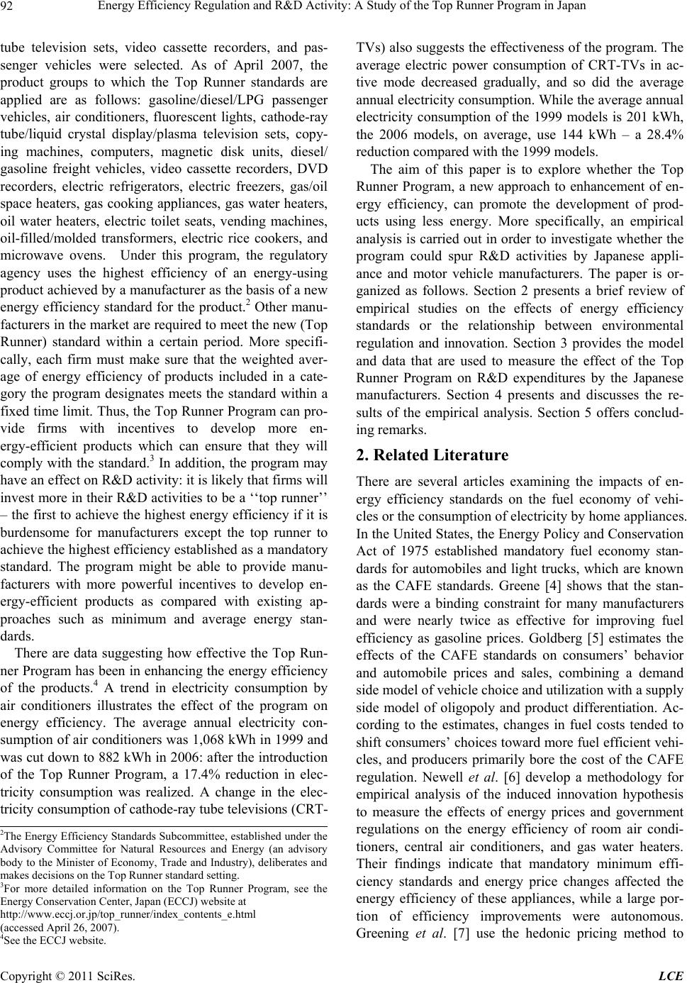 Energy Efficiency Regulation and R&D Activity:A Study of the Top Runner ...