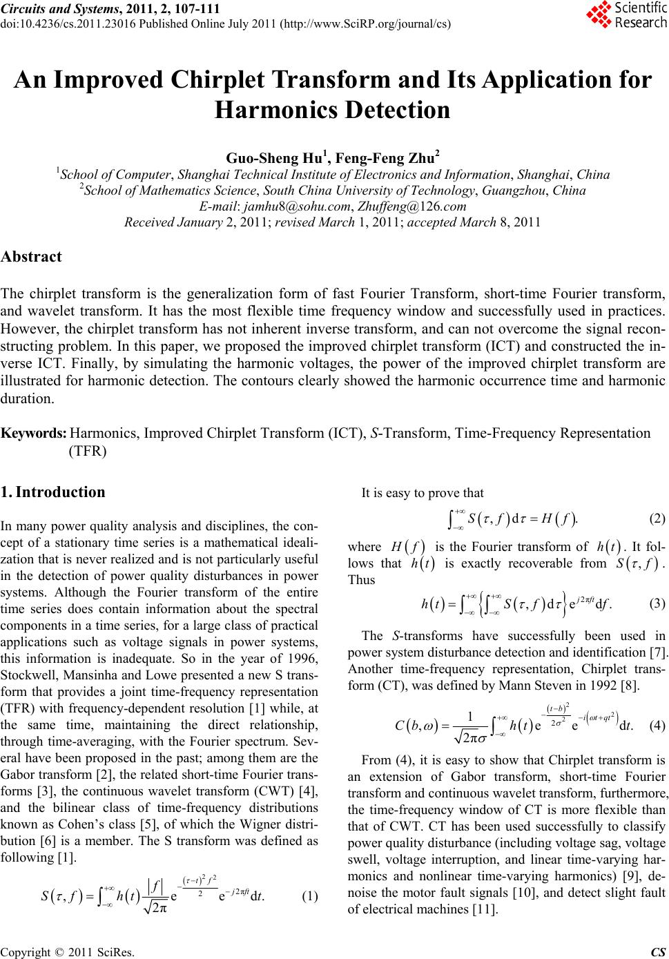 An Improved Chirplet Transform and Its Application for Harmonics Detection