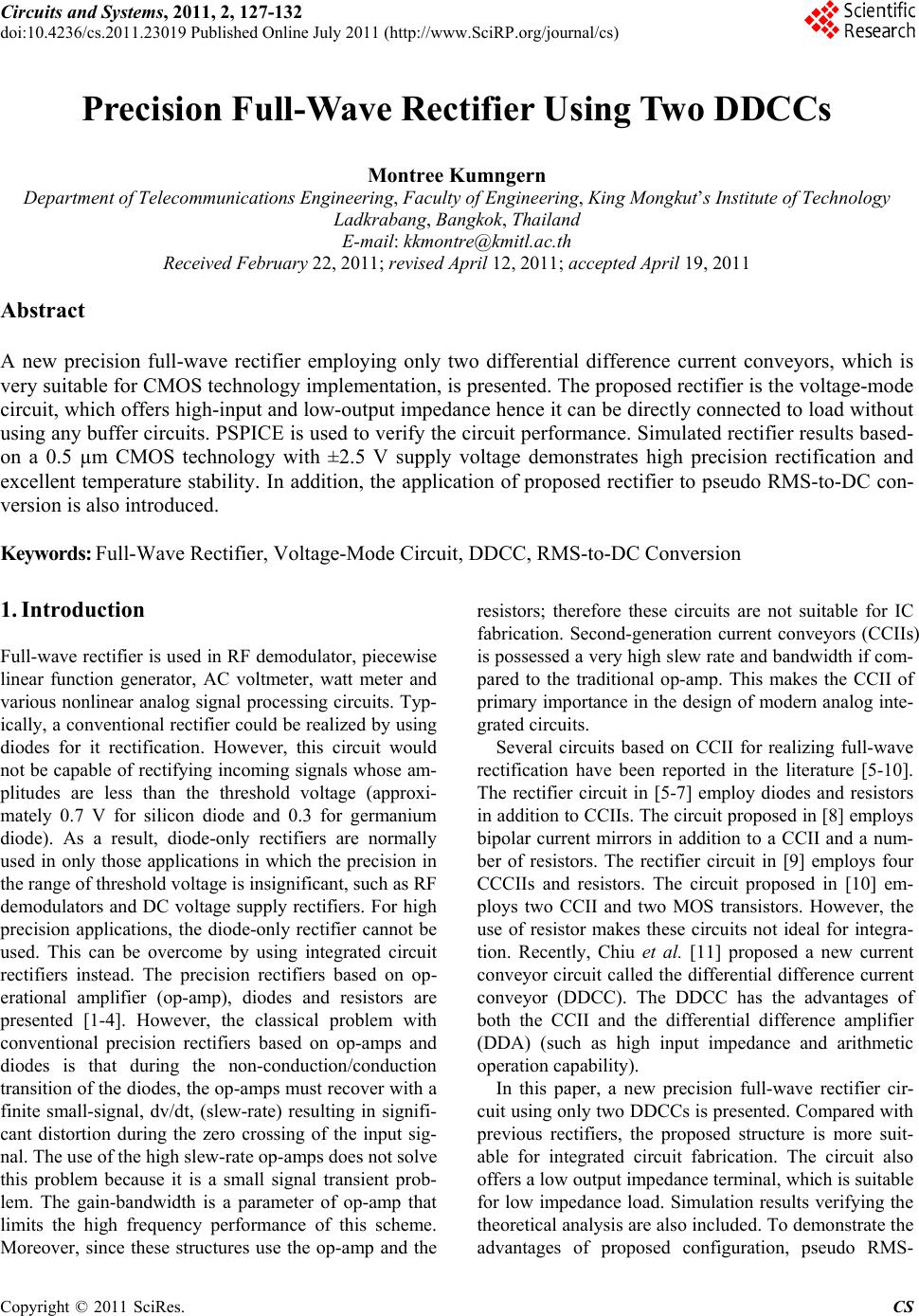 Precision Full-Wave Rectifier Using Two DDCCs