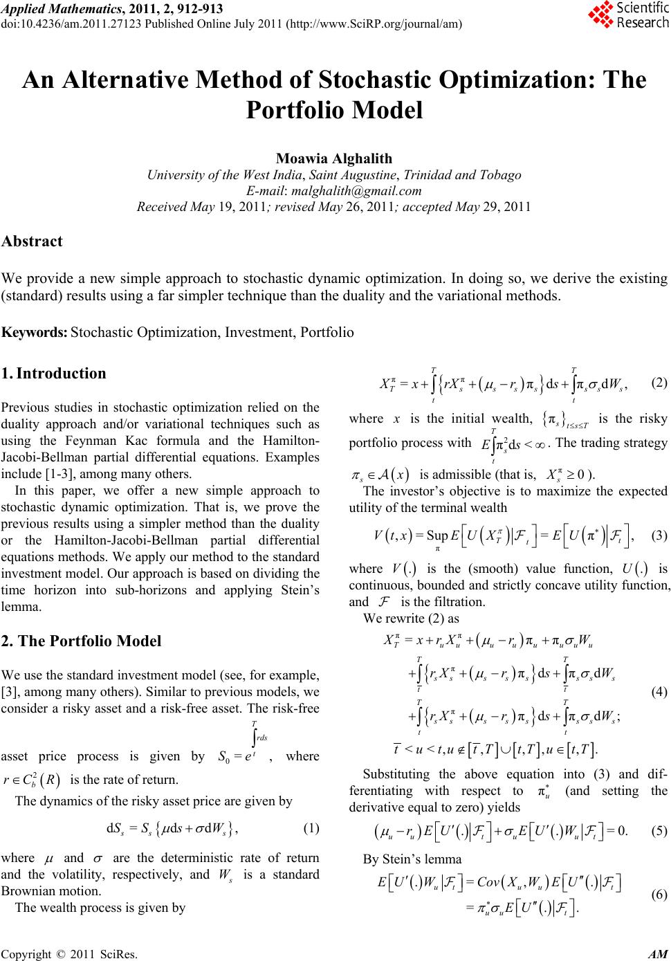 An Alternative Method of Stochastic Optimization: The Portfolio Model