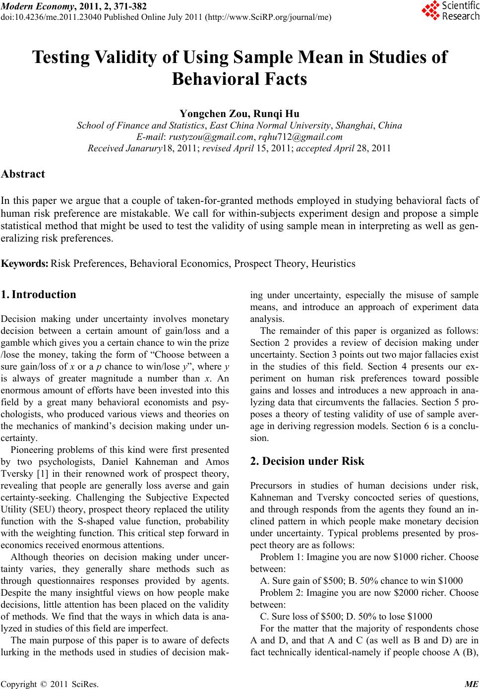 Testing Validity of Using Sample Mean in Studies of Behavioral Facts