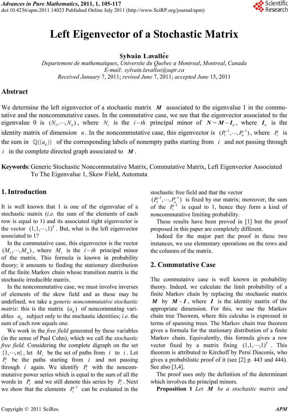 Left Eigenvector of a Stochastic Matrix