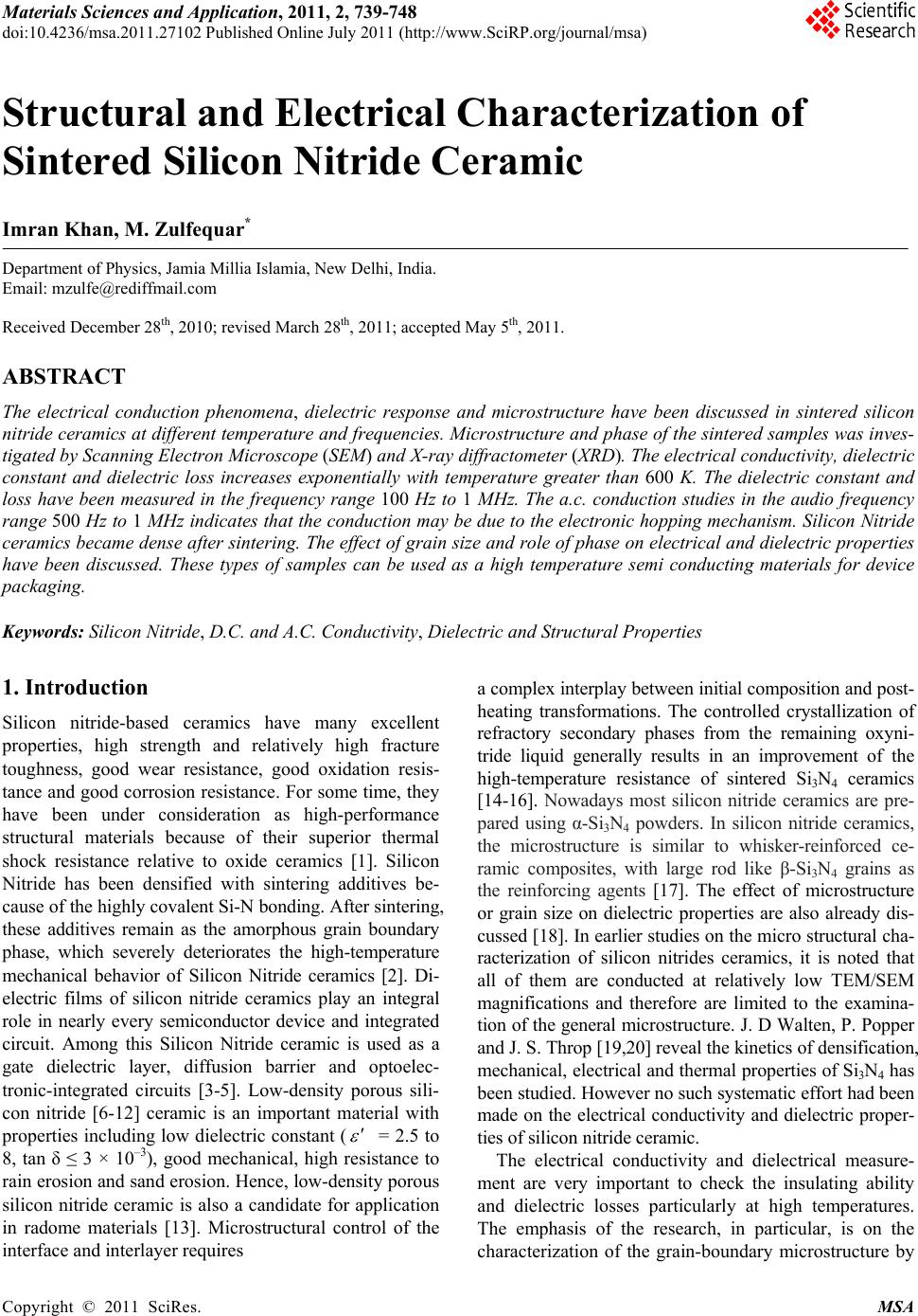 Structural and Electrical Characterization of Sintered Silicon Nitride ...