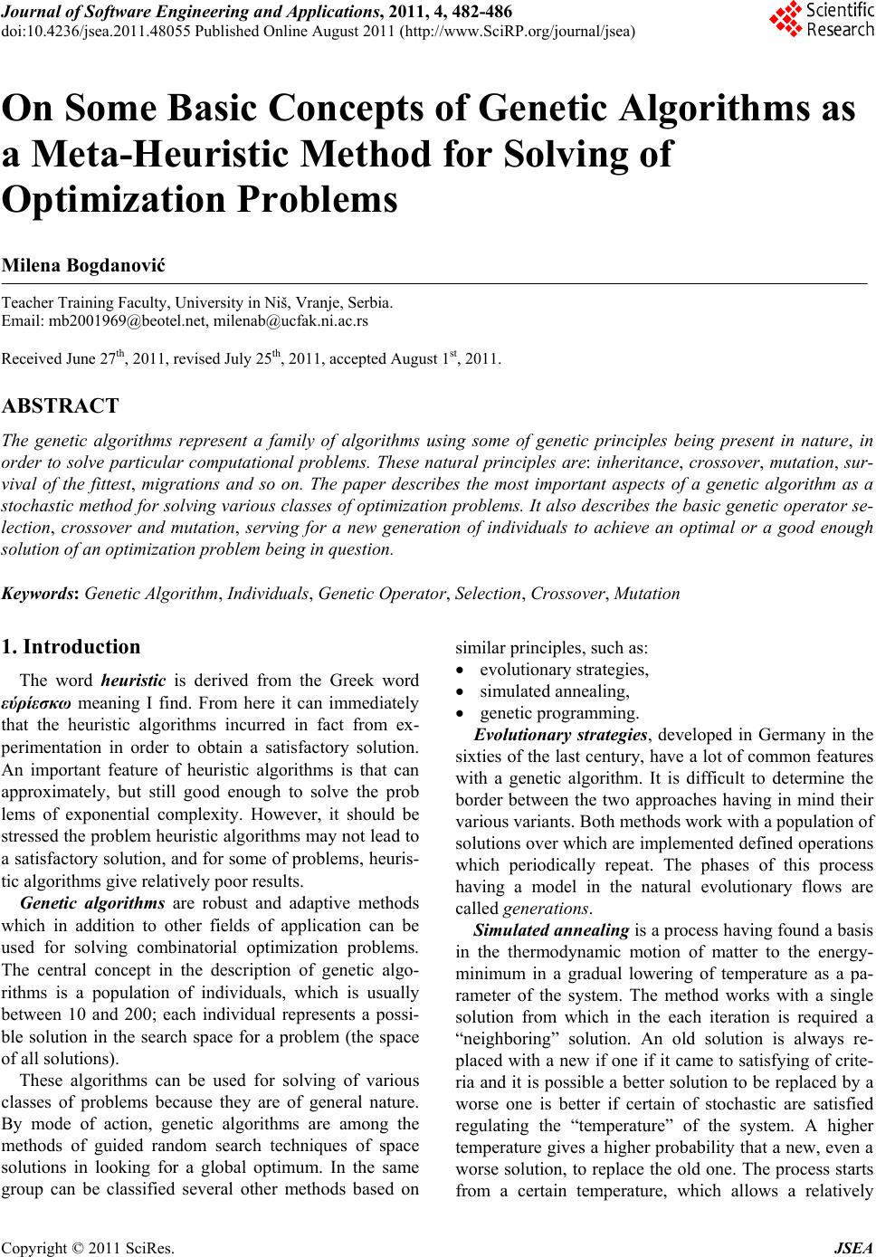 On Some Basic Concepts of Genetic Algorithms as a Meta-Heuristic Method for Solving of ...