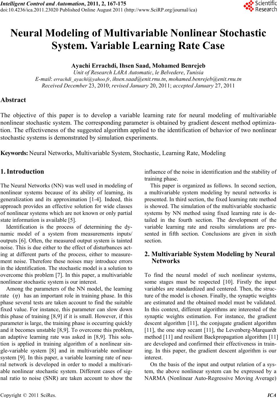 Neural Modeling of Multivariable Nonlinear Stochastic System. Variable Learning Rate Case