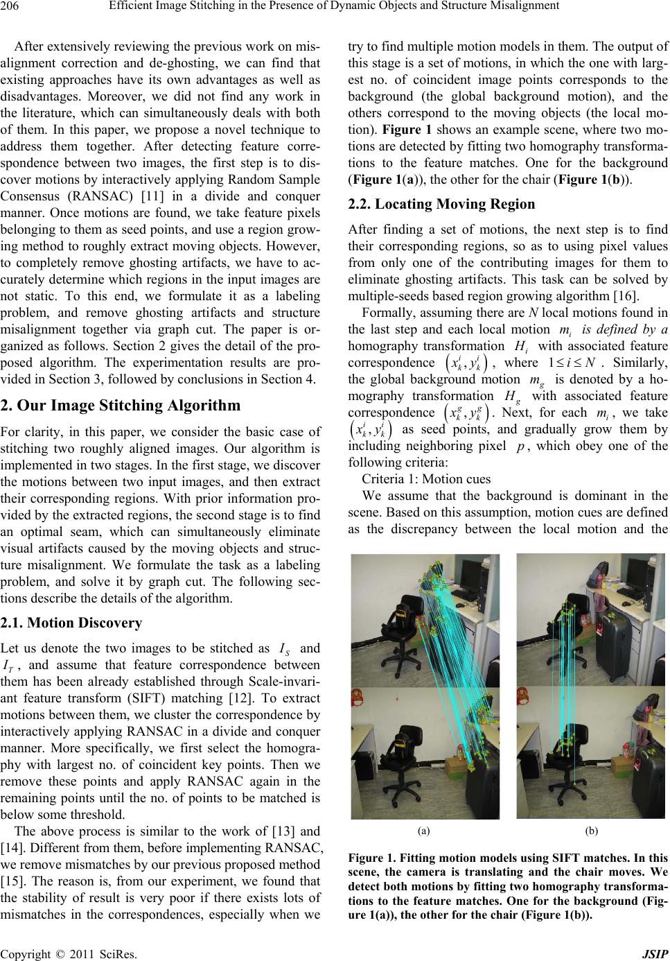 Efficient Image Stitching in the Presence of Dynamic Objects and Structure Misalignment