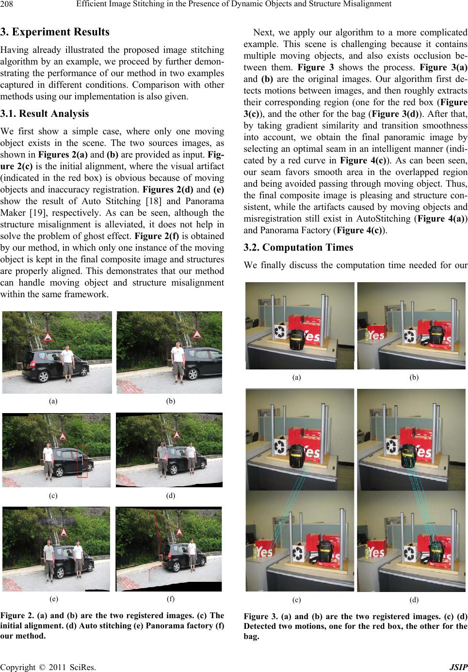 Efficient Image Stitching in the Presence of Dynamic Objects and Structure Misalignment