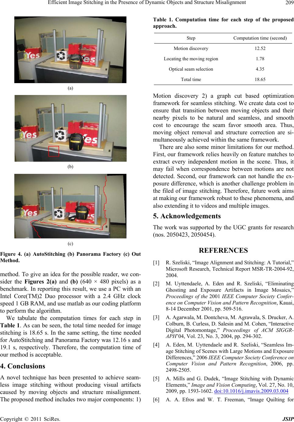 Efficient Image Stitching in the Presence of Dynamic Objects and Structure Misalignment