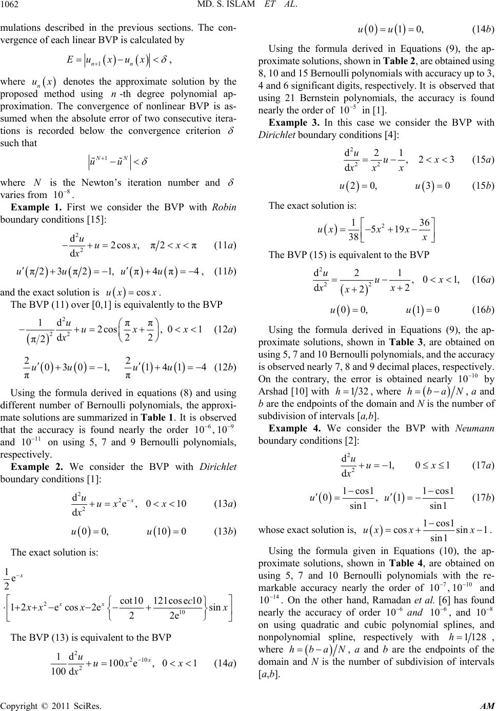 Numerical Solutions Of A Class Of Second Order Boundary Value Problems On Using Bernoulli
