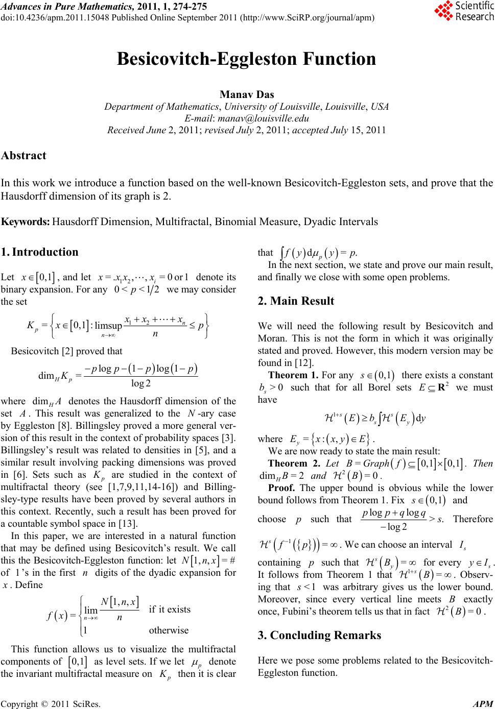 Besicovitch-Eggleston Function