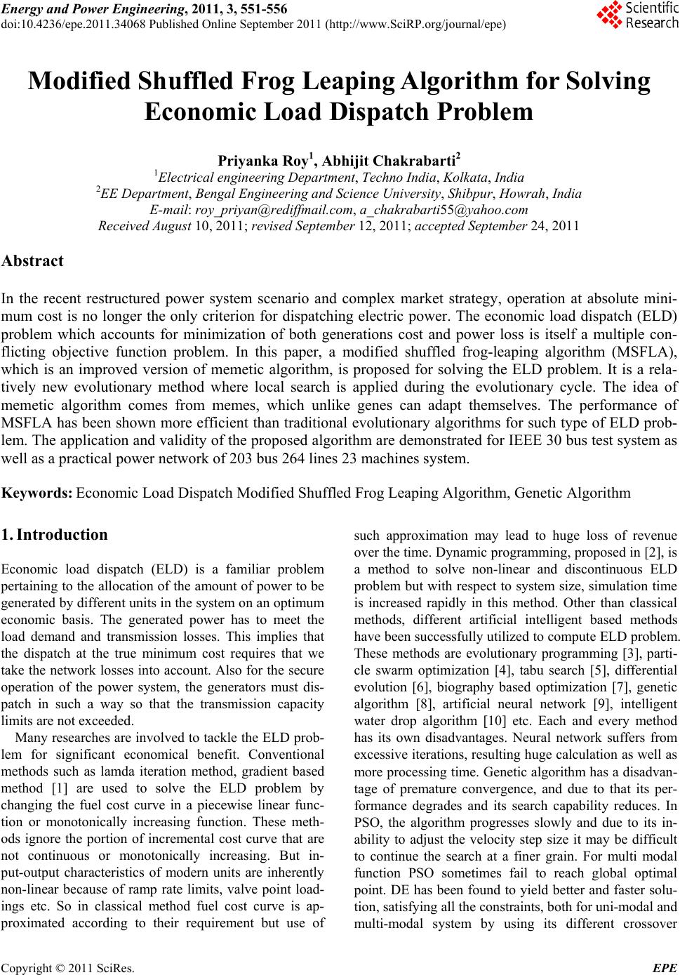 Modified Shuffled Frog Leaping Algorithm for Solving Economic Load Dispatch Problem