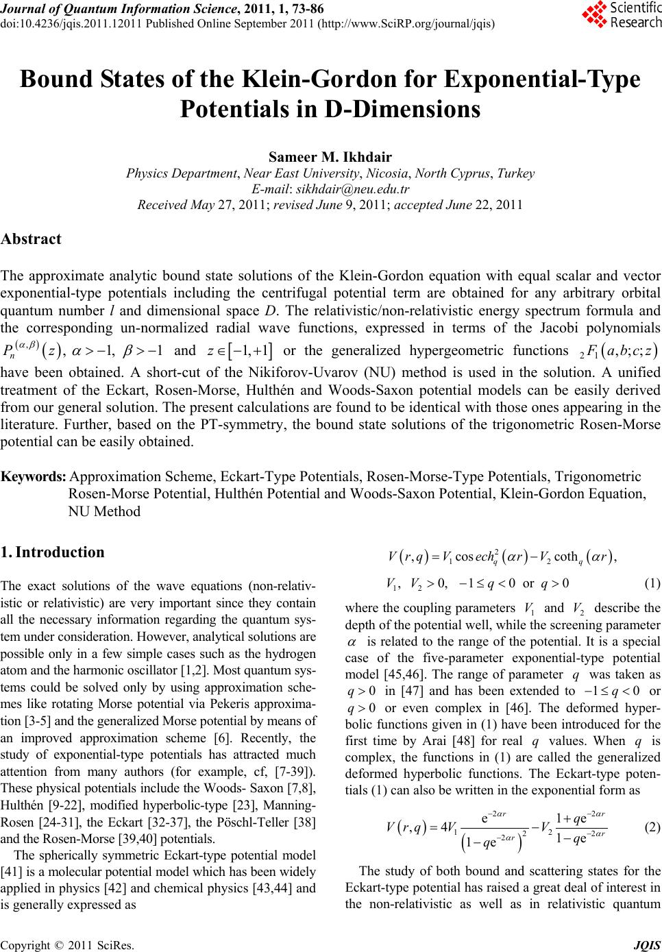 Bound States of the Klein-Gordon for Exponential-Type Potentials in D ...