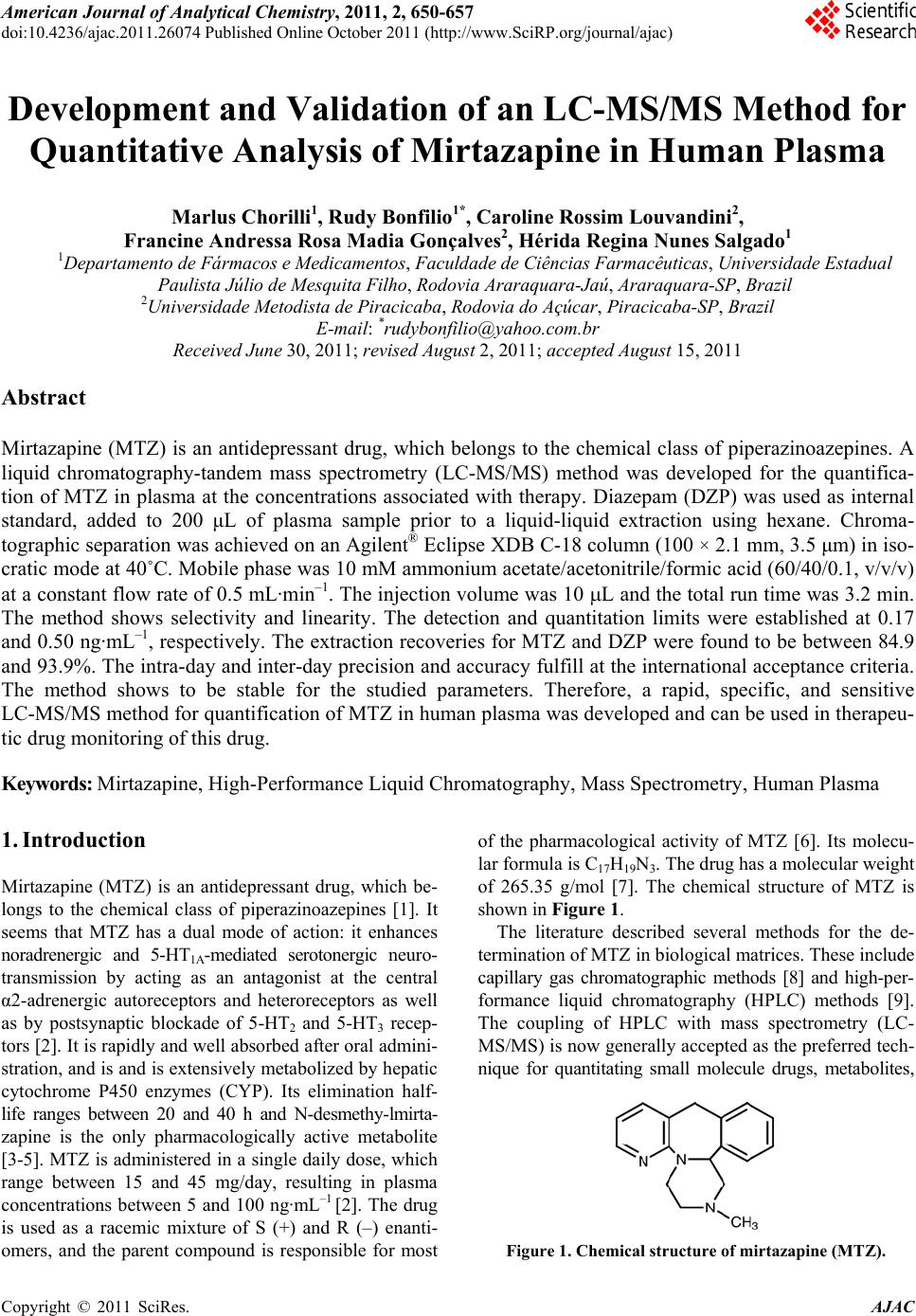 Development and Validation of an LC-MS/MS Method for Quantitative Analysis of Mirtazapine in ...