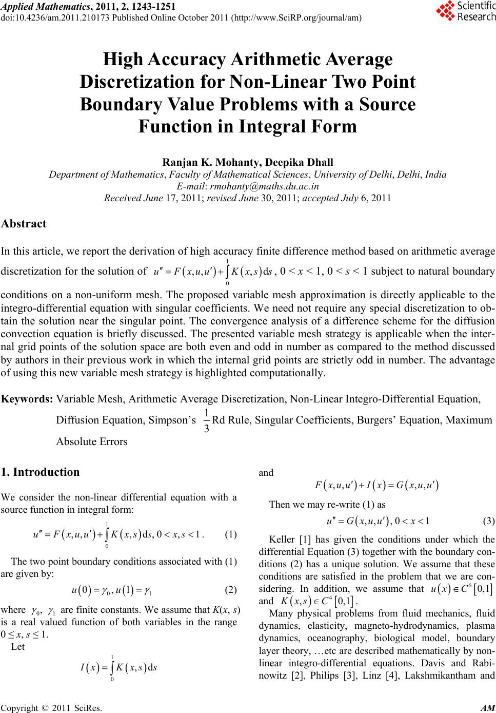 High Accuracy Arithmetic Average Discretization for Non-Linear Two Point Boundary Value Problems ...