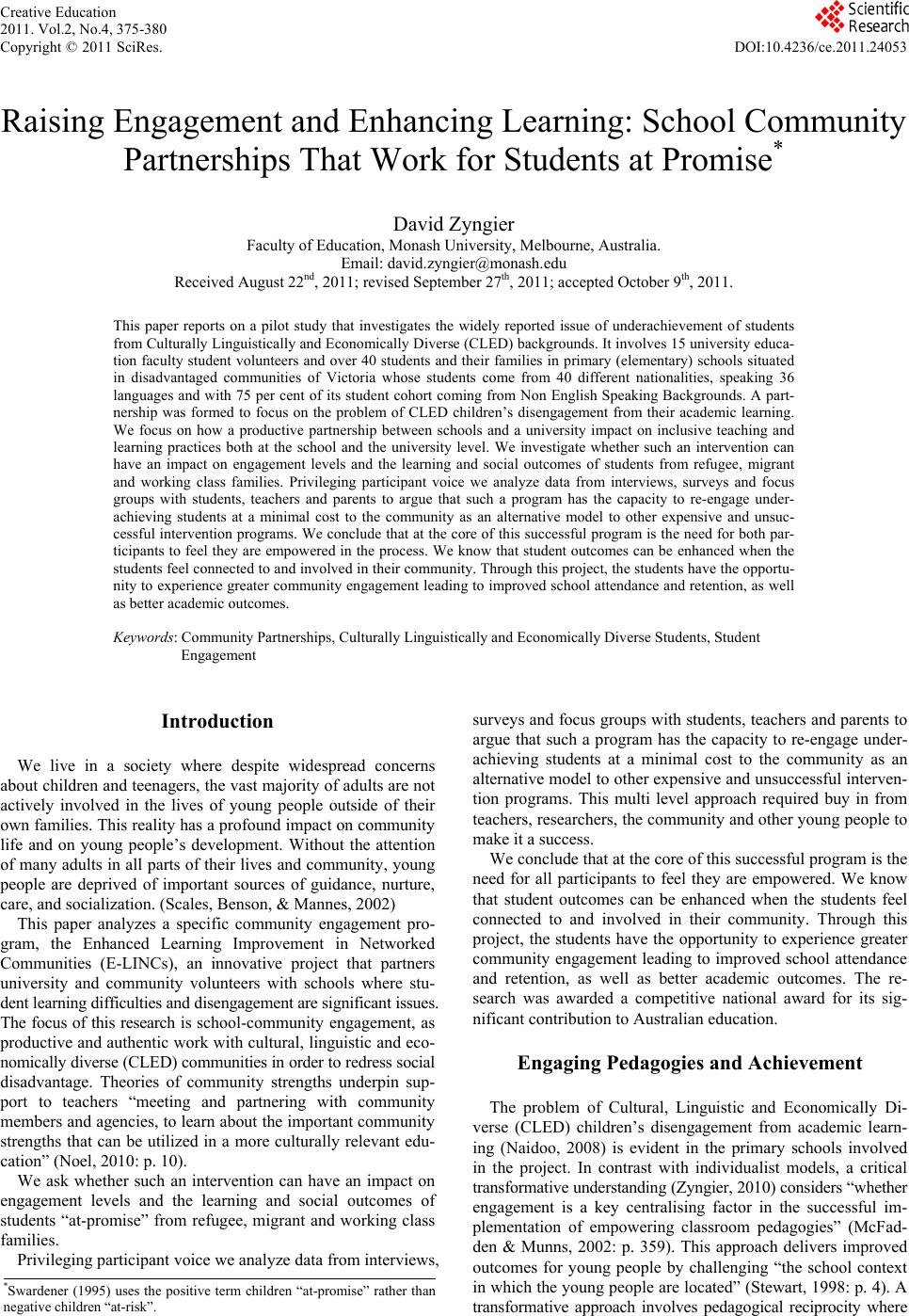 Raising Engagement and Enhancing Learning: School Community ...