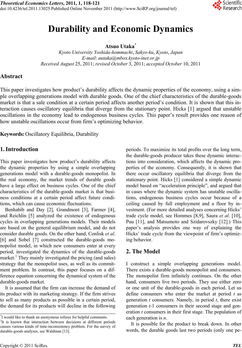 Durability and Economic Dynamics