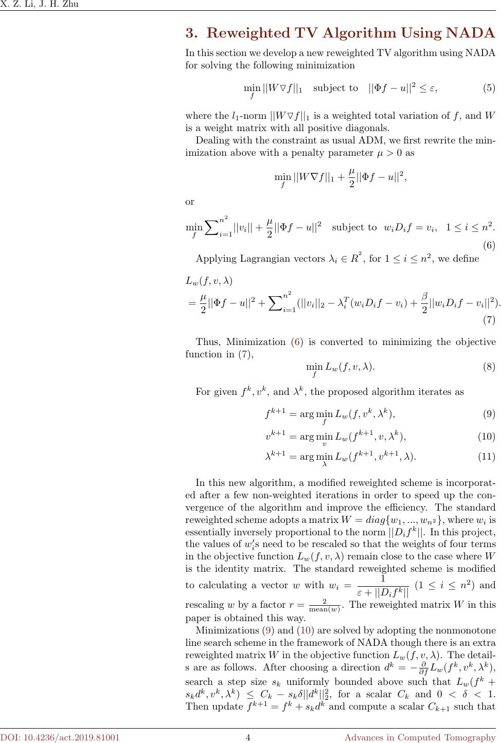 A Reweighted Total Variation Algorithm with the Alternating Direction Method for Computed Tomography