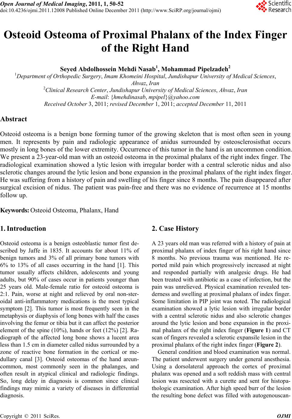 Osteoid Osteoma of Proximal Phalanx of the Index Finger of the Right Hand